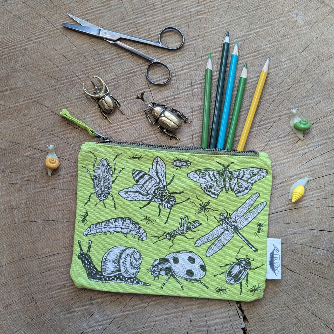 Insect Zipper Pouch: Hand Screenprinted Canvas Green Bug Bag Stocking ...