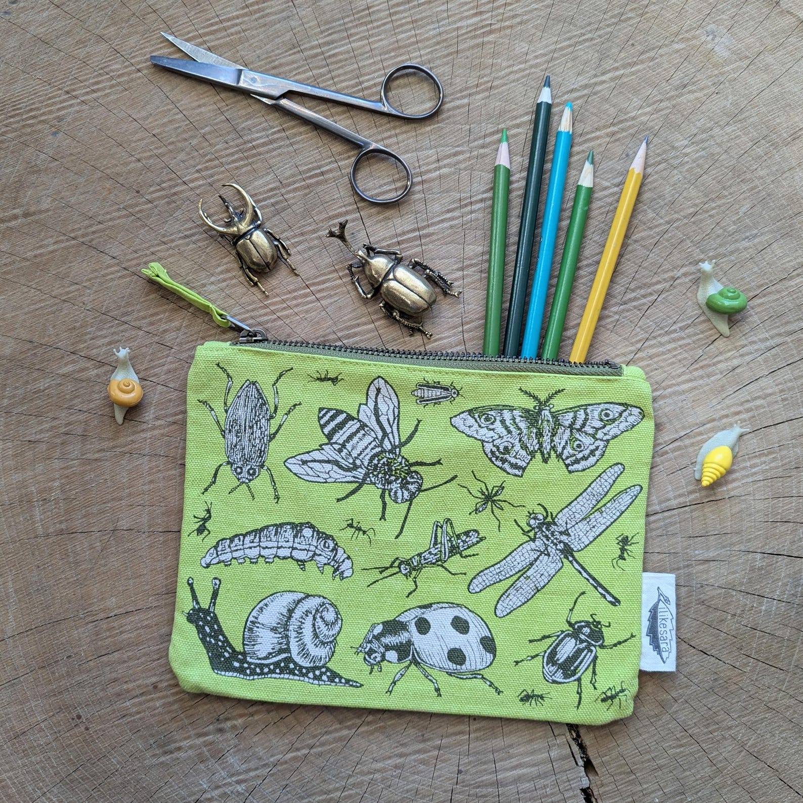Insect Zipper Pouch: Hand Screenprinted Canvas Green Bug Bag Stocking ...