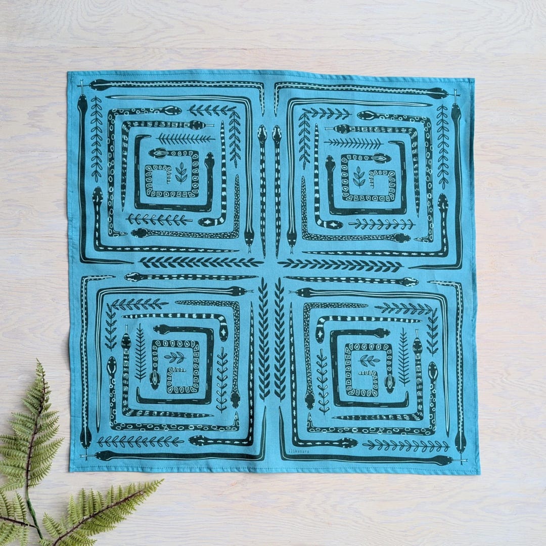 Snake Bandana: Teal Blue Hand Screenprinted Cotton Serpent Neckerchief ...