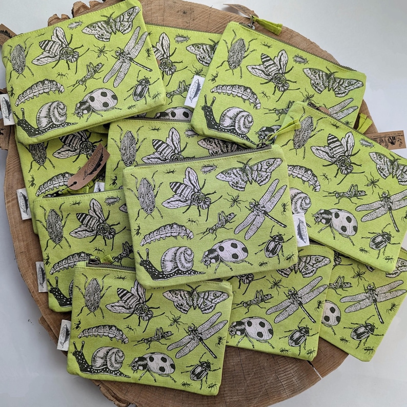 Insect Zipper Pouch: Hand Screenprinted Canvas Green Bug Bag Stocking ...