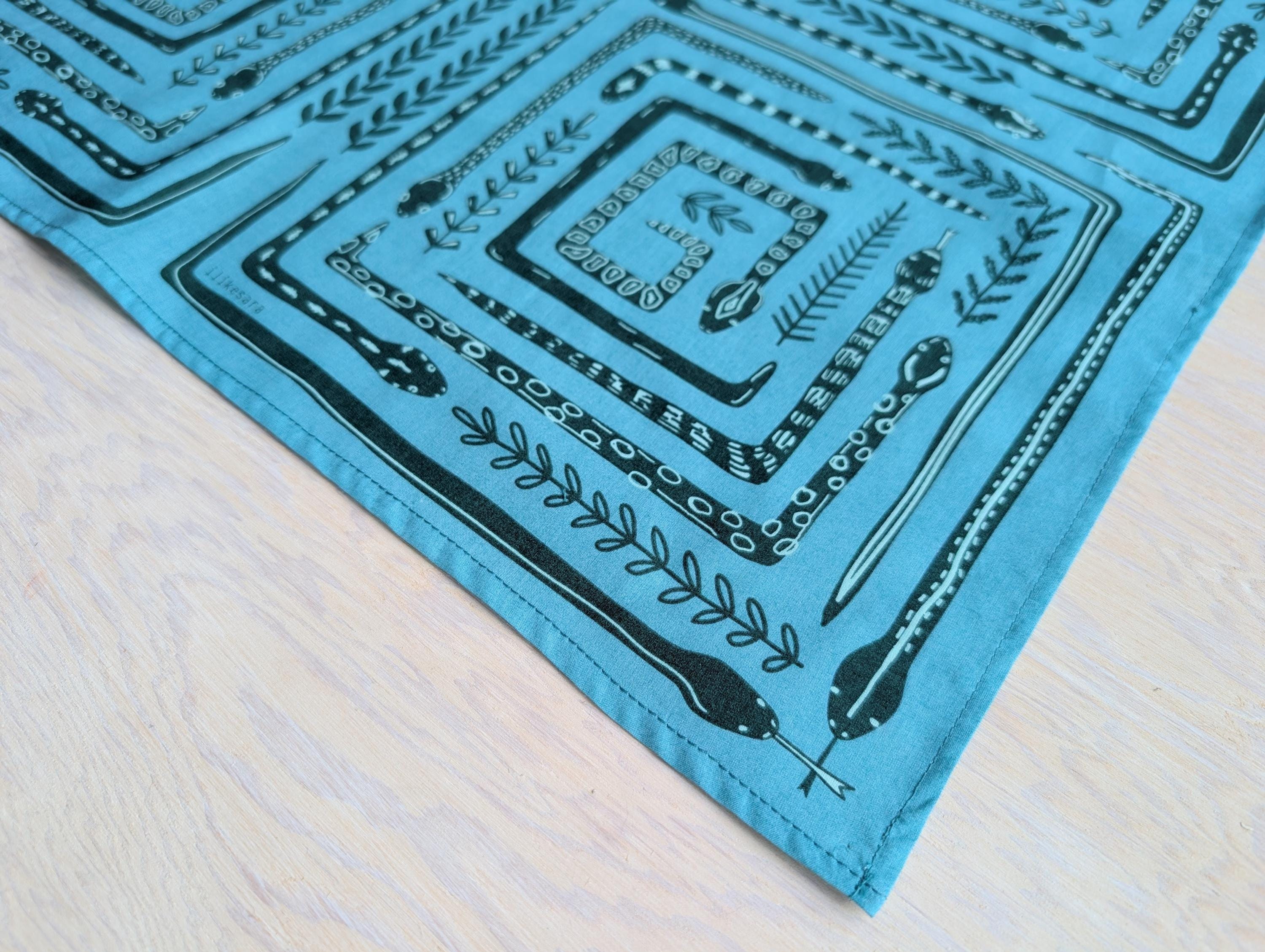 Snake Bandana: Teal Blue Hand Screenprinted Cotton Serpent Neckerchief ...