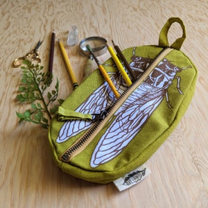 Cicada Zipper Pouch: Hand Screenprinted Cotton Canvas Pencil Bug Insect ...