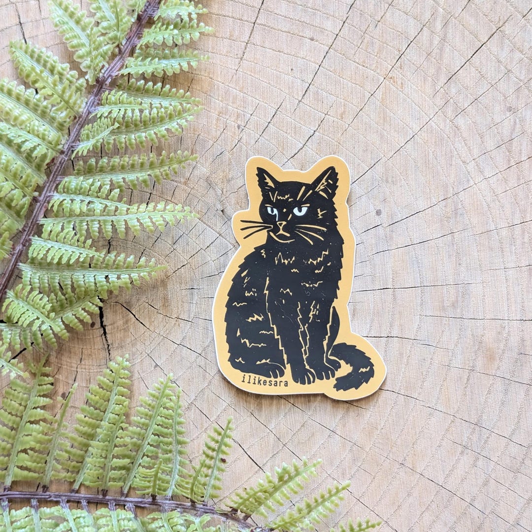 Disappointed Black Cat Sticker: Waterproof Vinyl Decal in Yellow and ...