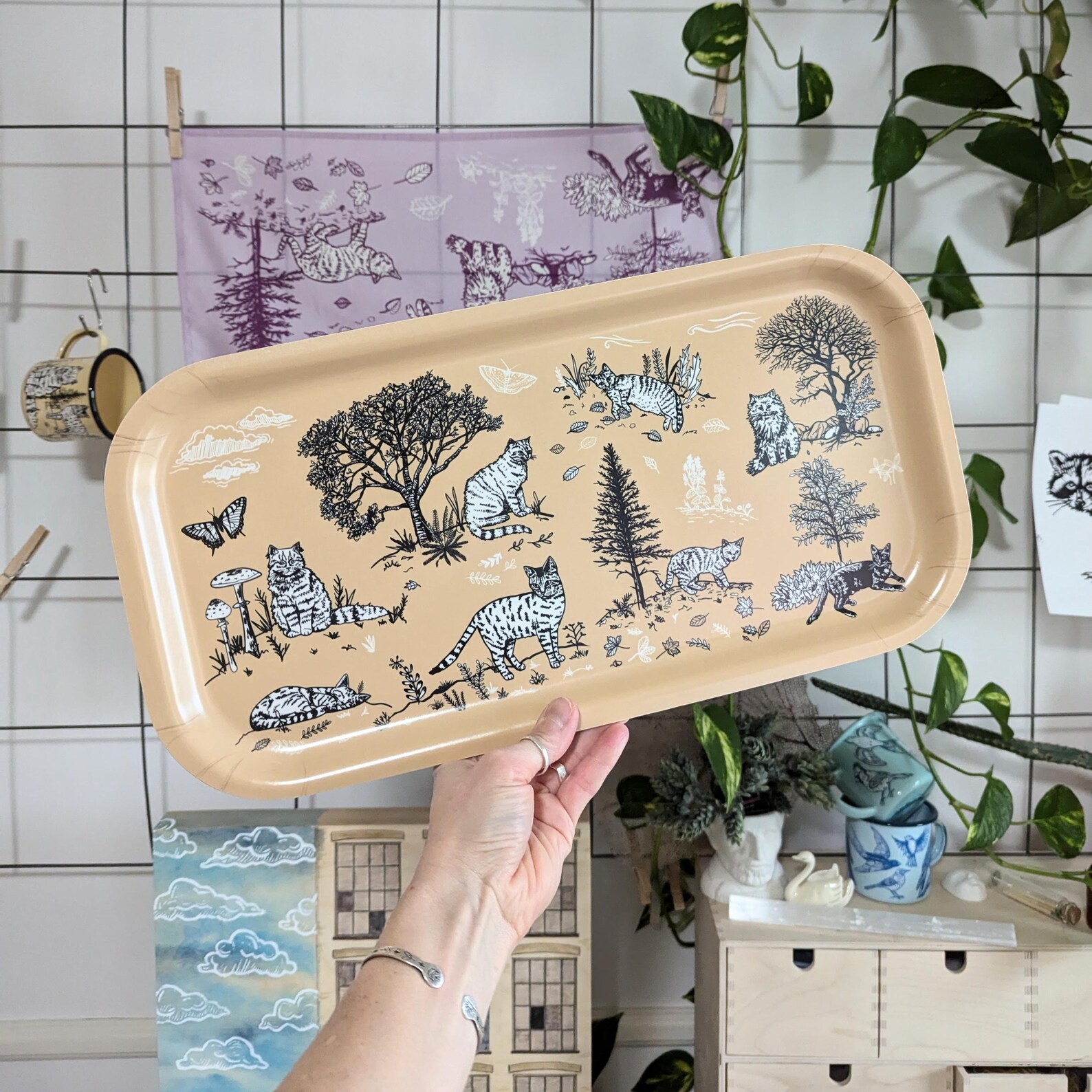 Outside Cats Wood Serving Tray: Whimsical Cat Home Decor Tan Dishwasher ...