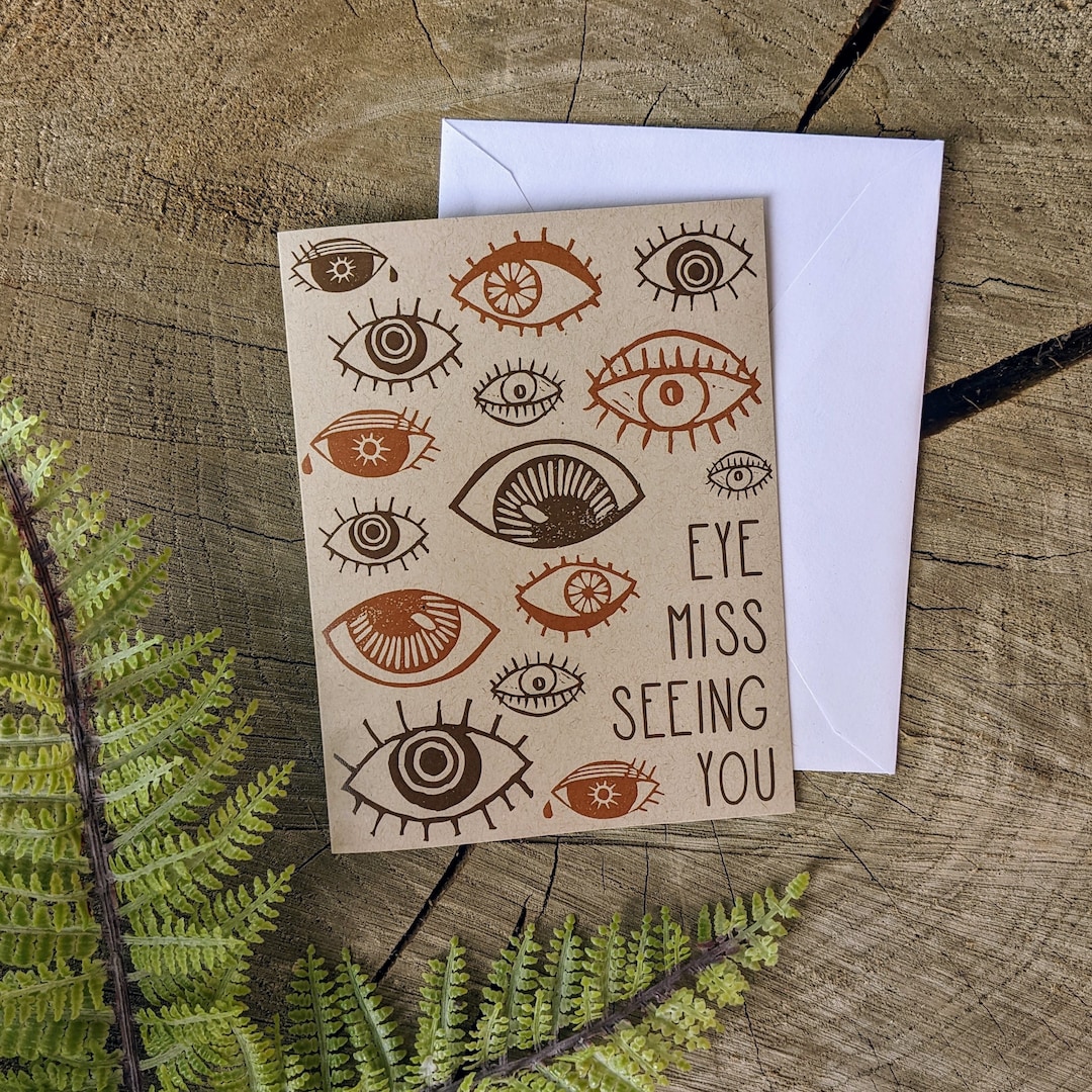 Eye Miss You Card: Blockprint Friendship Greeting Card - Etsy