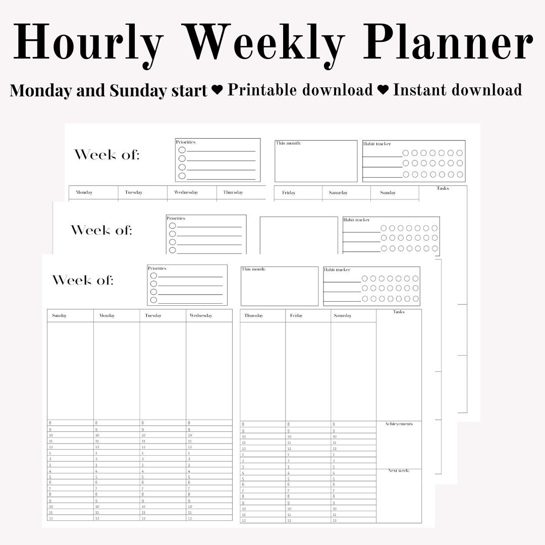 Weekly Hourly Planner Printable Hourly With Daily Boxes and Habit ...