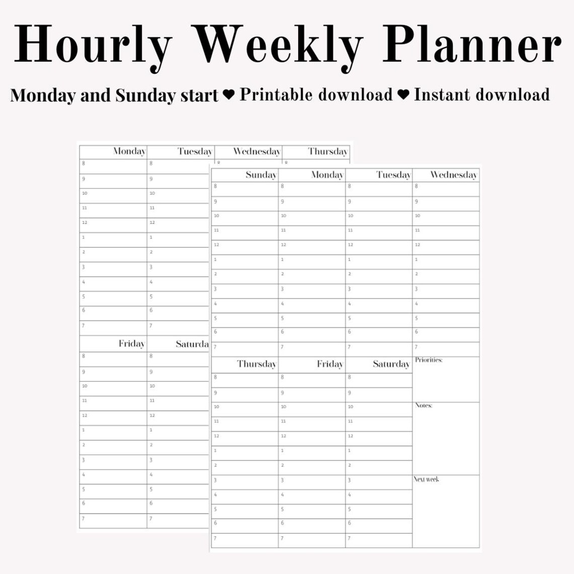Week on One Page Hourly Layout Printable Instant Download PDF Planner ...