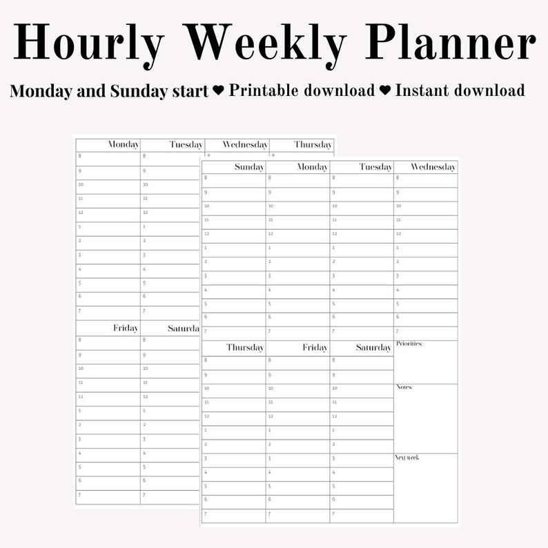 Week on One Page Hourly Layout Printable Instant Download PDF Planner ...