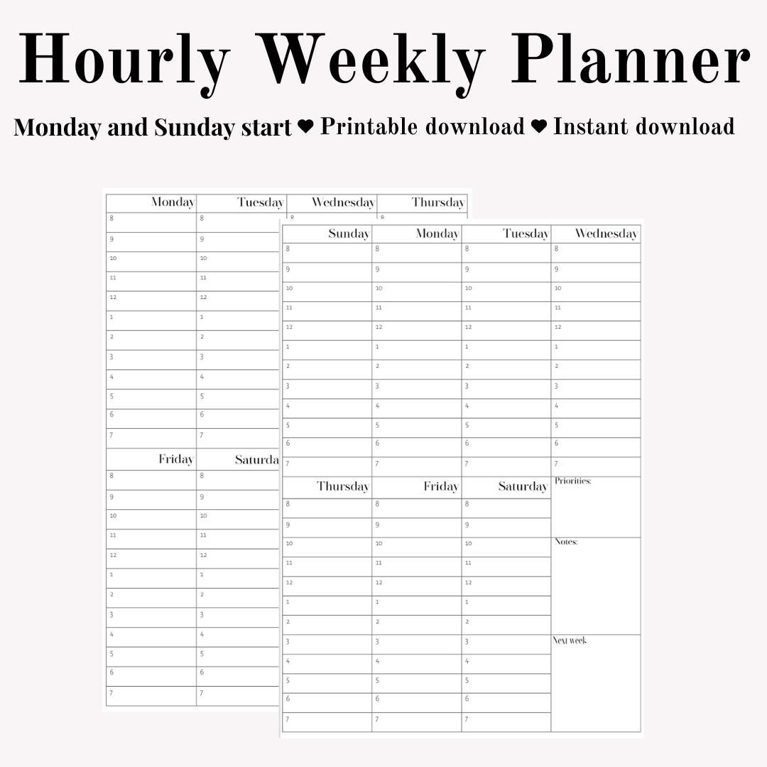 Week on One Page Hourly Layout Printable Instant Download PDF Planner ...