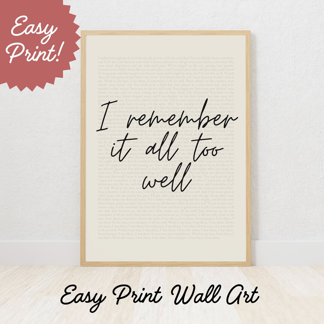 All Too Well 10-minute Version Lyrics Printable Poster, Minimalist ...
