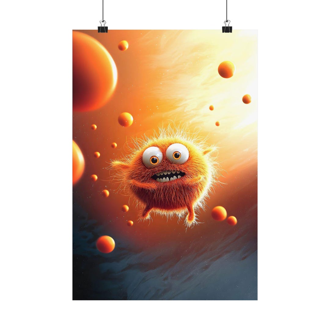 Fuzzy Fun Whimsical Monster Art Print, Minimalist Moon Cat Art Cute Cat ...