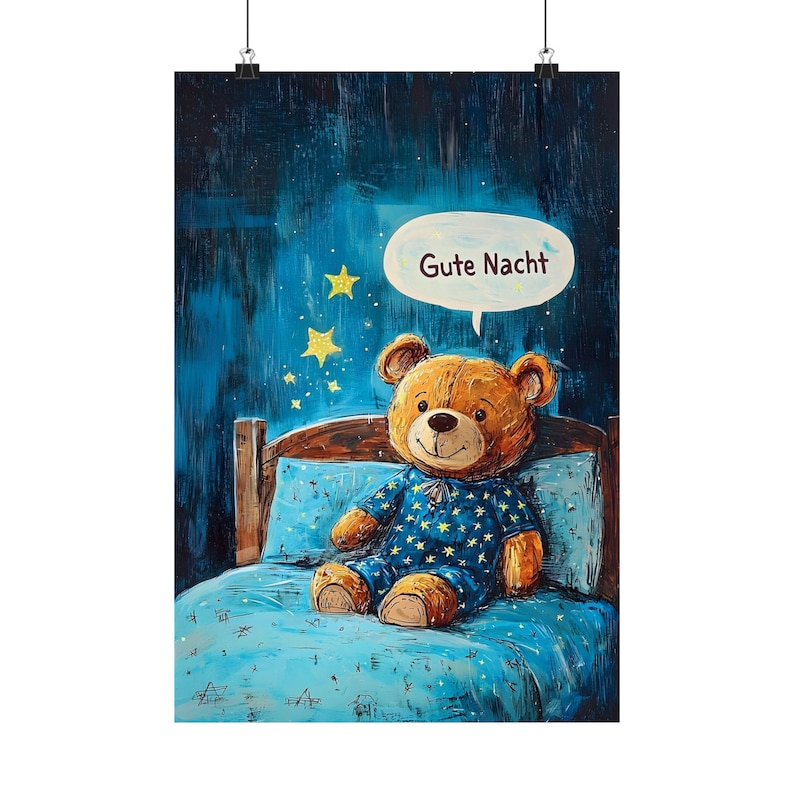 Good Night Cute Teddy Bear Nighttime Art Print, Minimalist Moon Cat Art ...