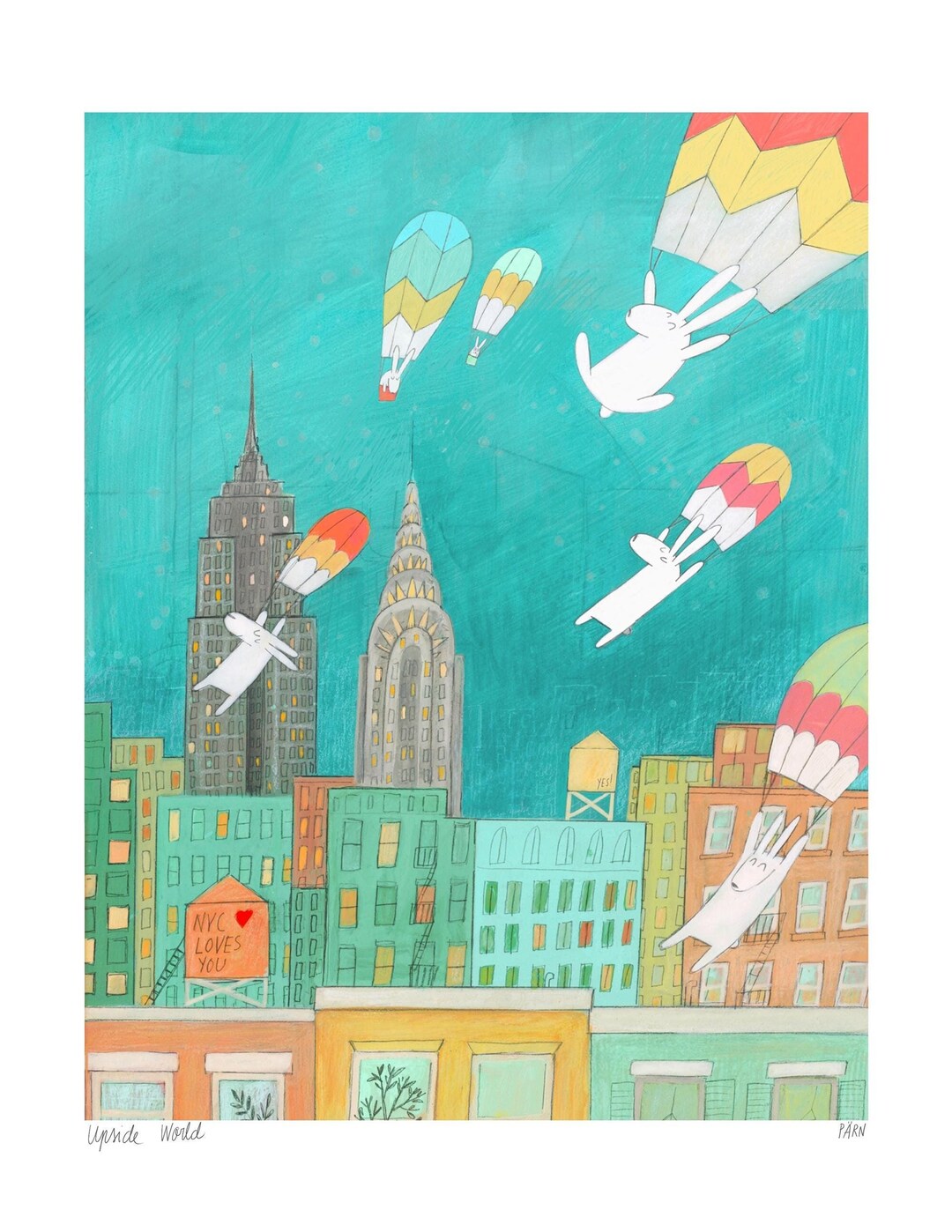Upside World - Art Print - Bunnies Flying to New York City - Etsy