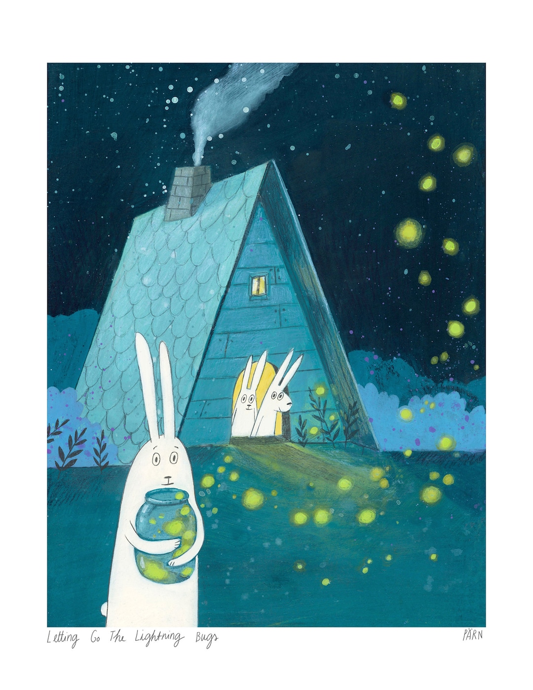 Letting Go the Lightning Bugs - Art Print (bunnies and Fireflies Art ...