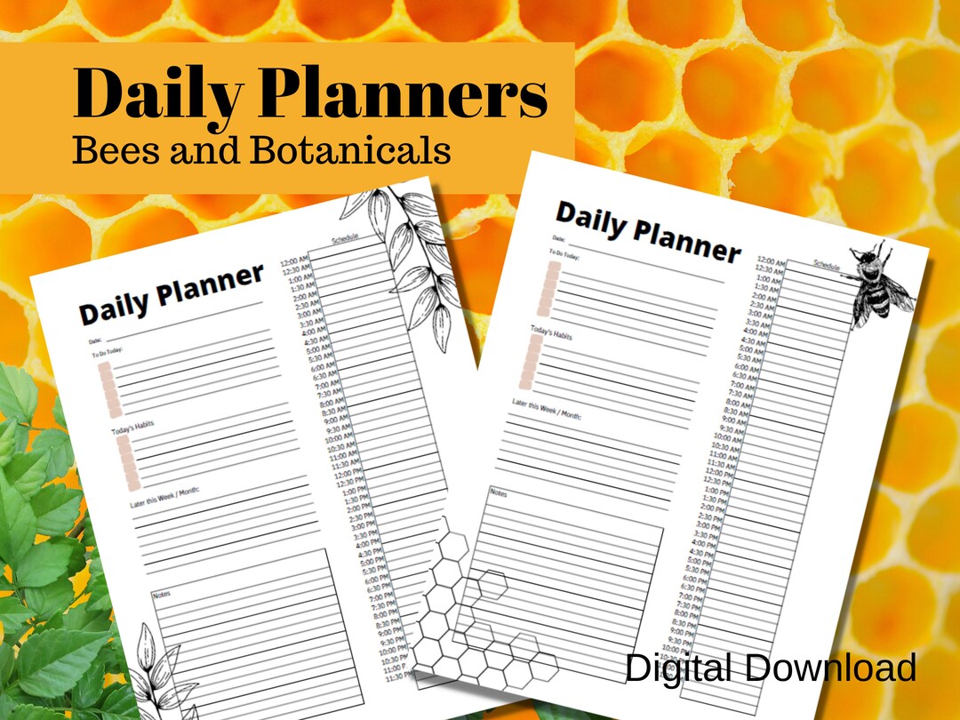 Daily Planner Page | Bees and Botanical-themed 24-hour Schedule ...