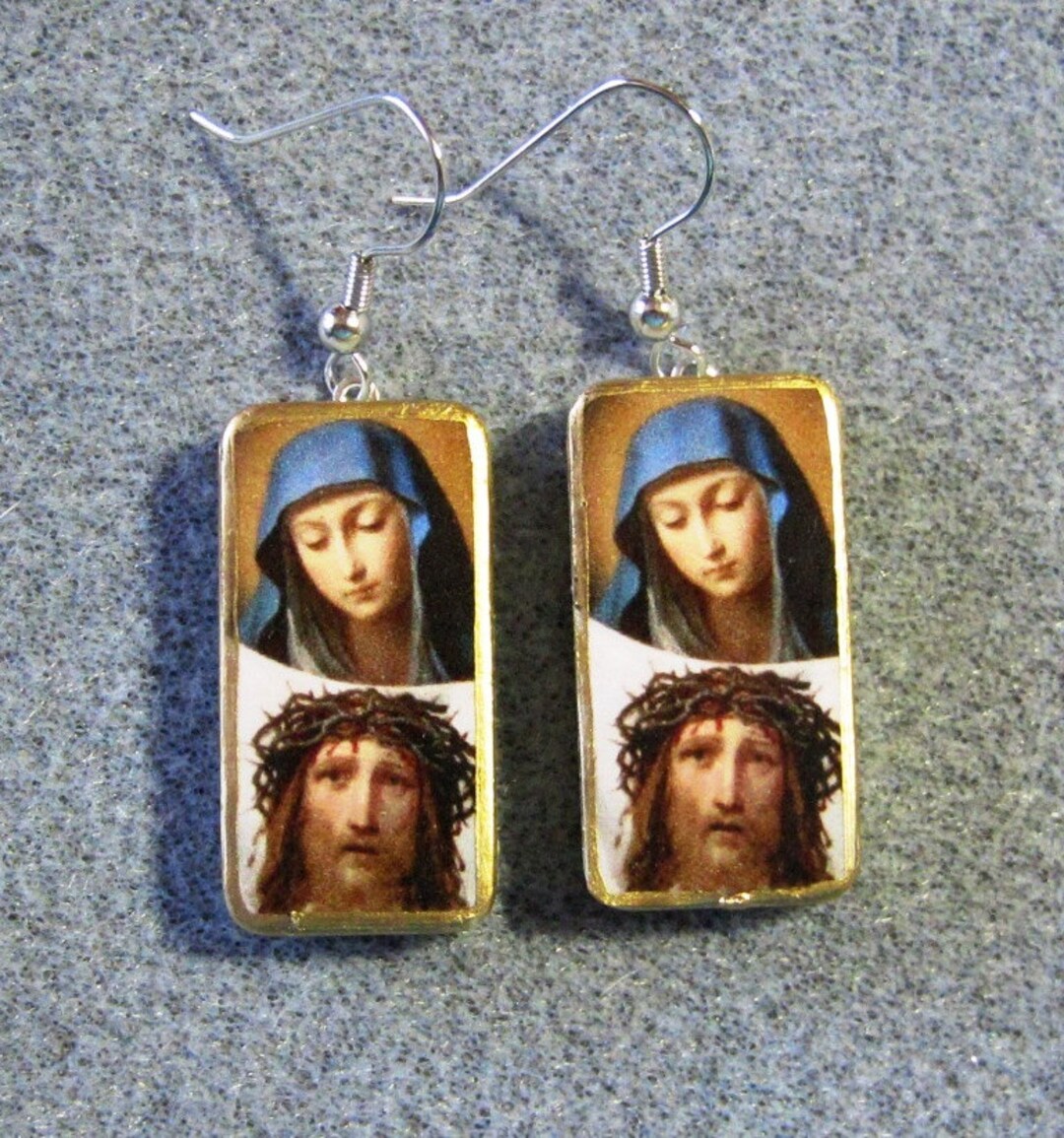 St Veronica Catholic Art Recycled Mini Domino Dangle Earrings Etsy