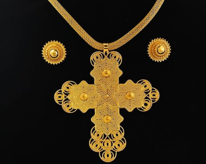 Large Ethiopian/eritrean Gold Coptic Cross Necklace and Earring Set - Etsy
