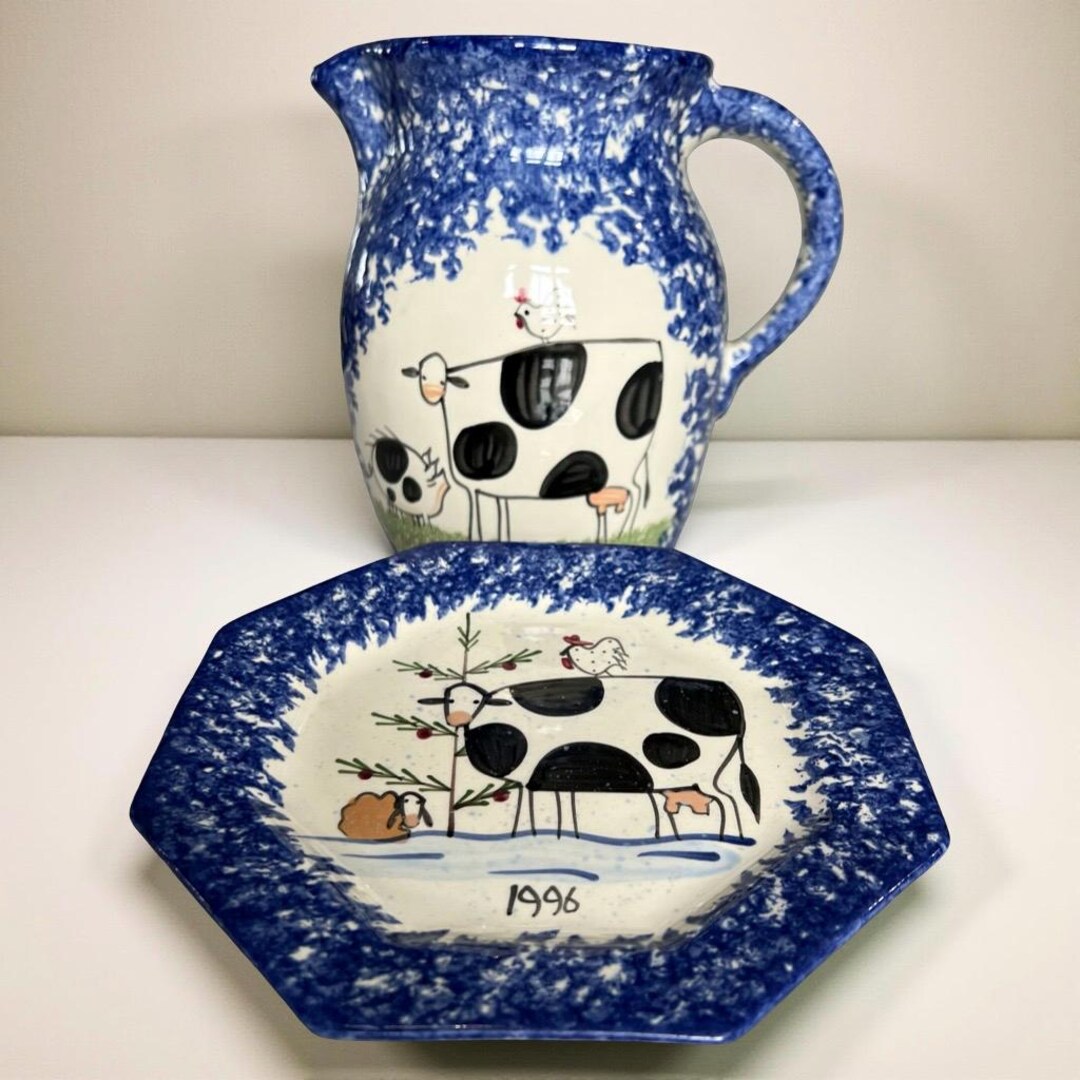 Molly Dallas Pottery Blue Spatterware Folk Art Cow Rooster Pitcher and ...