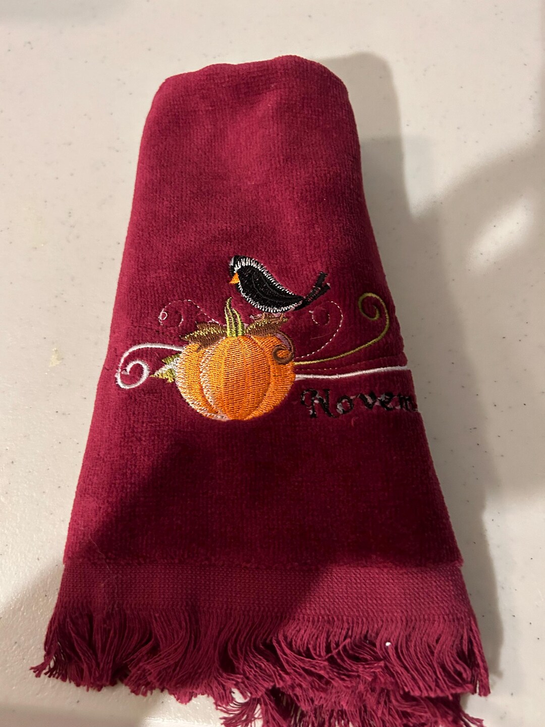Maroon Finger Tip Towel With Embroidery November With Pumpkin - Etsy