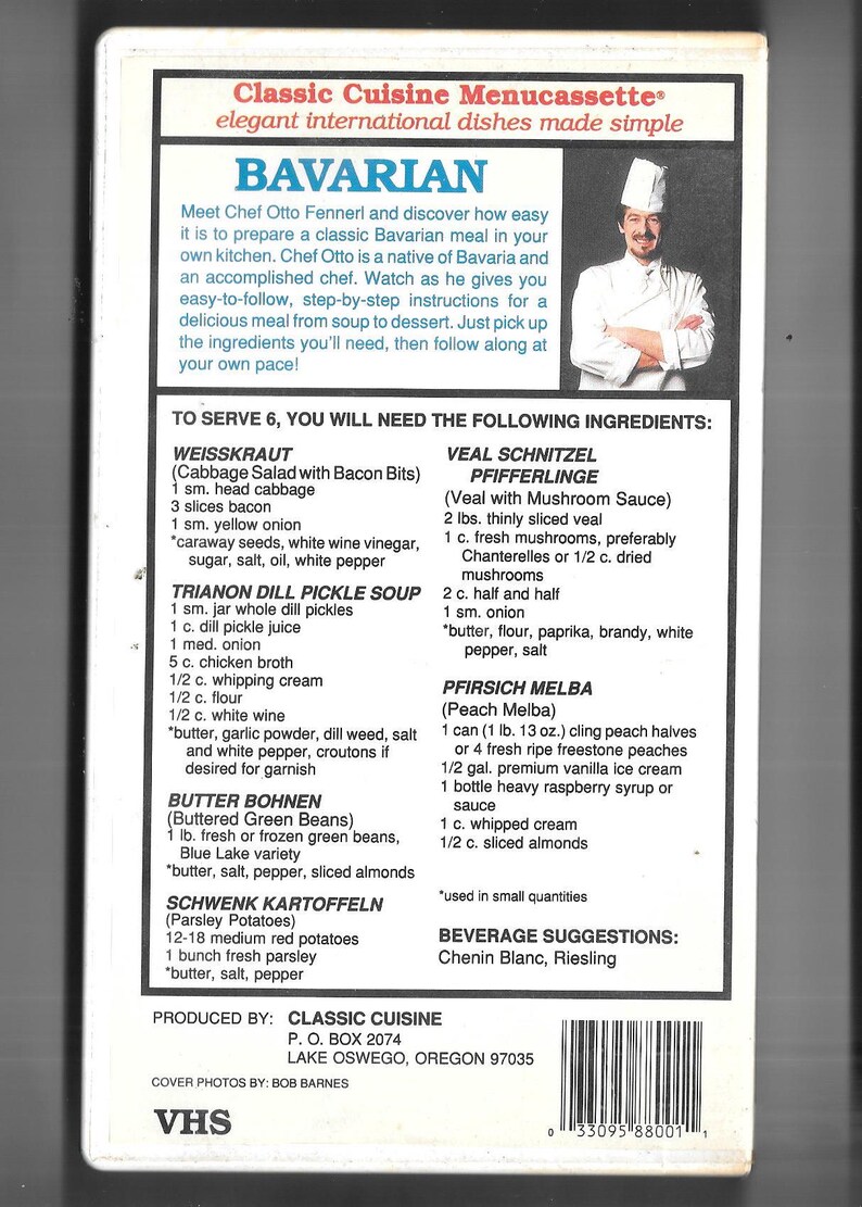 VHS Classic Cuisine Menucassette Bavarian 1990's Non Rental W/original ...