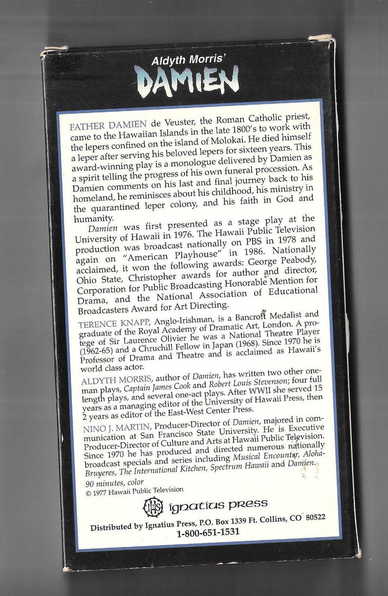 VHS Aldyth Morris' Damien 1977 Hawaii Public Television, Ignatius Press ...