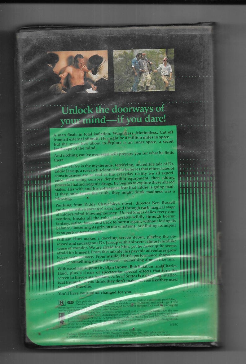 VTG VHS Altered States 1980 WB Clamshell Case Ex Rental Tested Tape ...