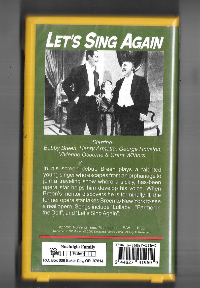 VHS Bobby Breen Let's Sing Again 1936 Nostalgia Family Video Non Rental ...