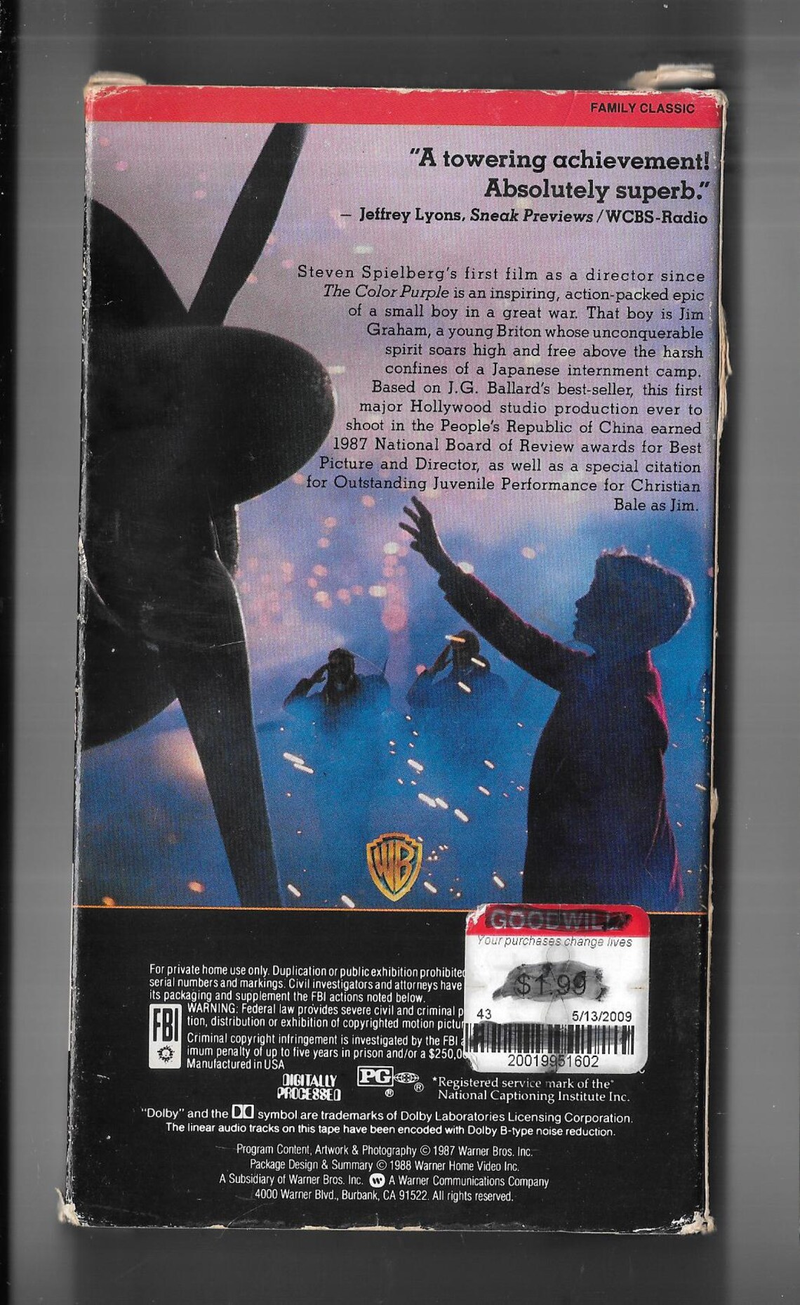 VTG VHS Empire of the Sun 1987 Warner Bros. 1988 Non Rental Tape Plays ...