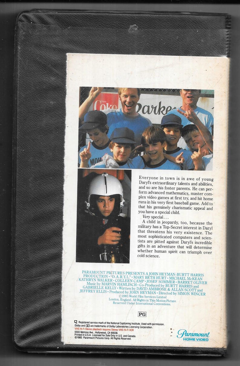 D.A.R.Y.L. (daryl) VHS 1985 Paramount Ex Rental W/clam Case Tape Plays ...