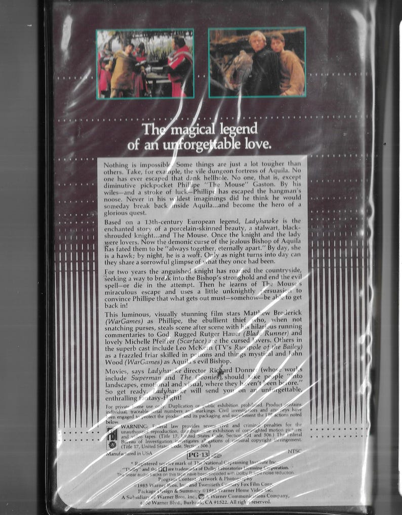 VHS Ladyhawke 1985 Warner Bros. Non Rental W/original Clam Case. Case ...