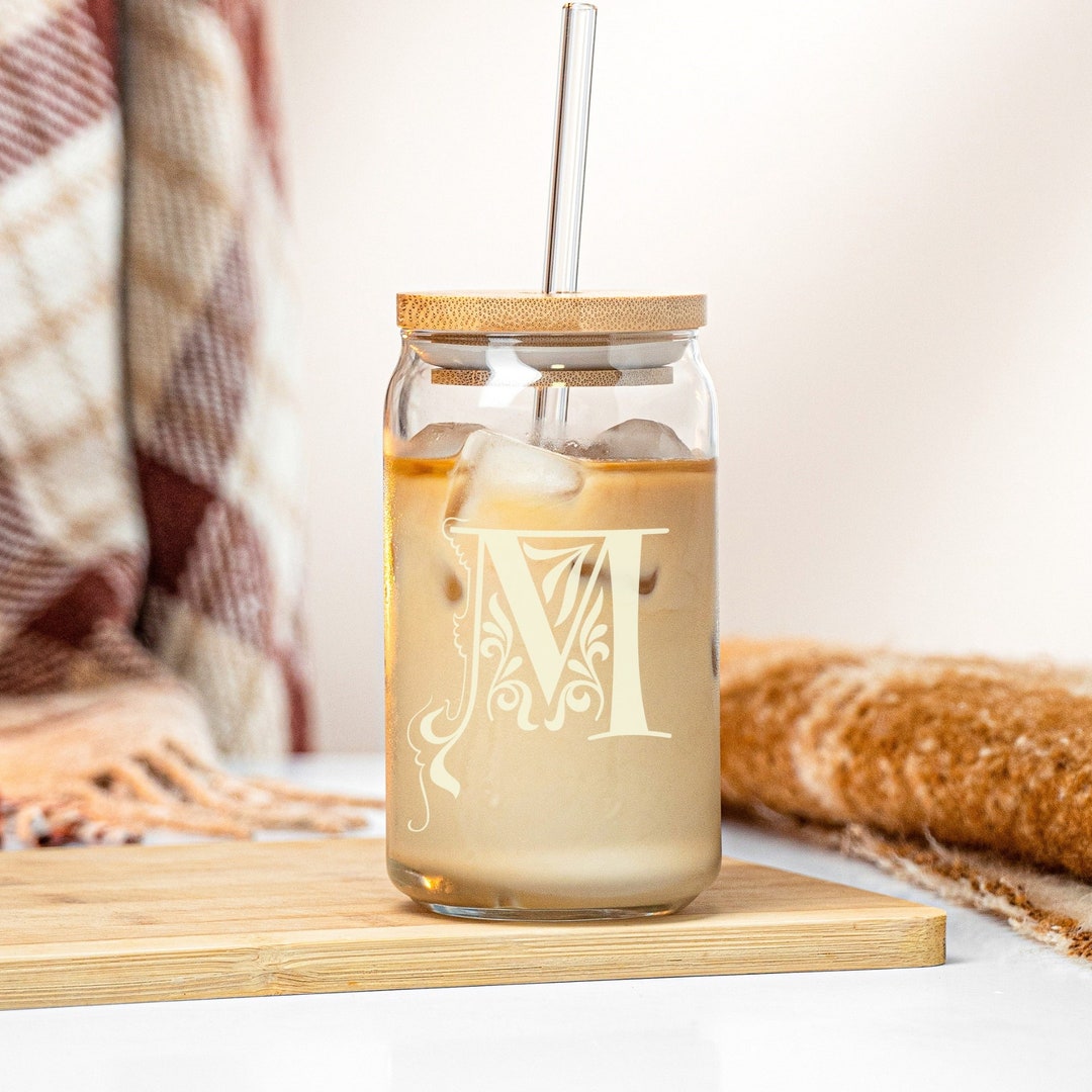 Custom Name Iced Coffee Glass Can, Retro Initial Can Glass With Lid and ...