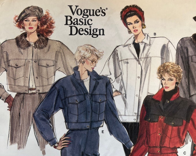 Vogue Cropped Jacket Pattern Uncut 80s Barn Jacket Size 14 Bust 36 or Size 10 Bust 32 1/2 ...