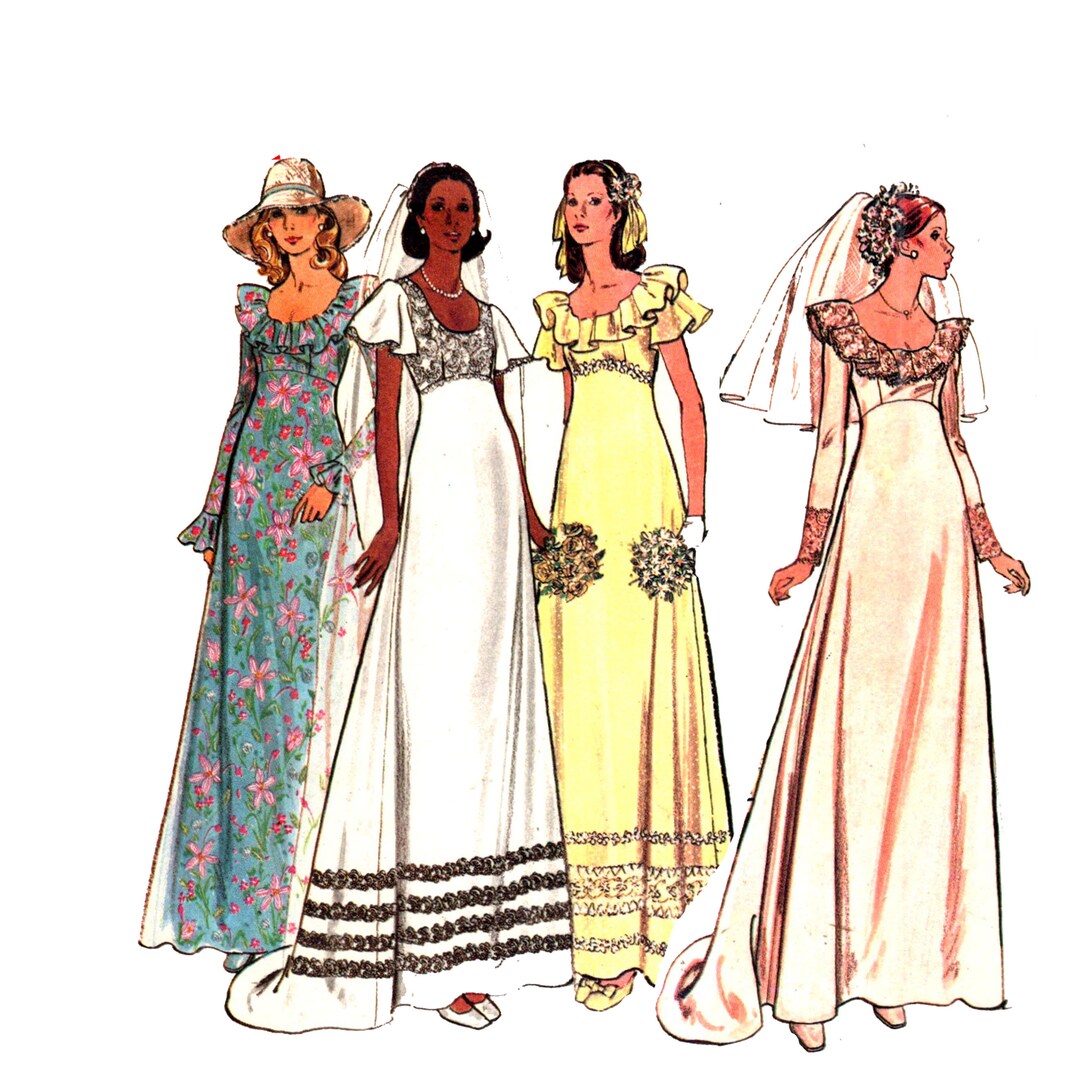 Simple Wedding Gown Pattern Uncut 70s Gown With Train Bridesmaid Dress ...