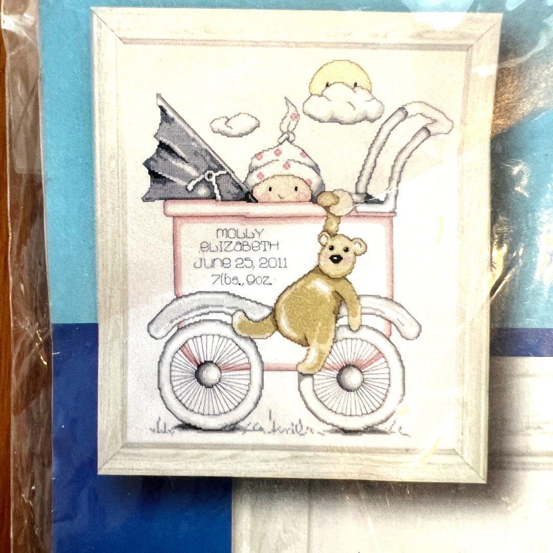 Teddy Bear Birth Record Counted Cross Stitch Kit 13x15 Girl Baby Buggy ...