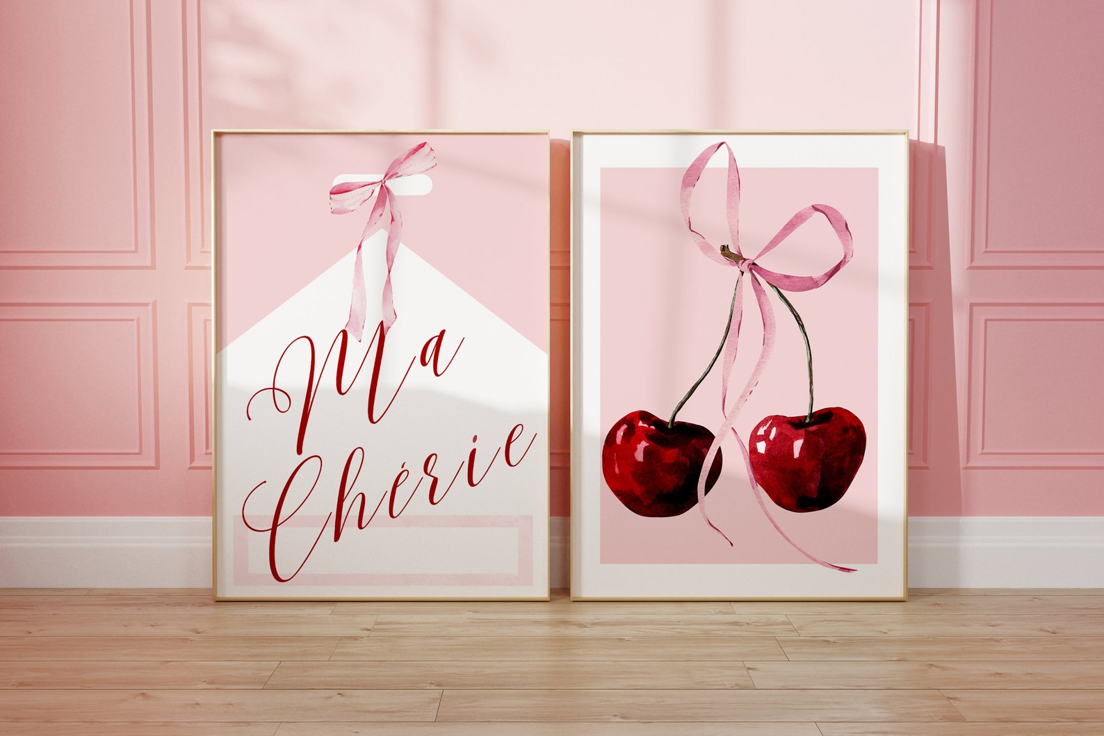Pink Bows Cherries Ma Cherie Poster, Pink and Red Wall Art Set of 3, Coquette Room Decor - Etsy