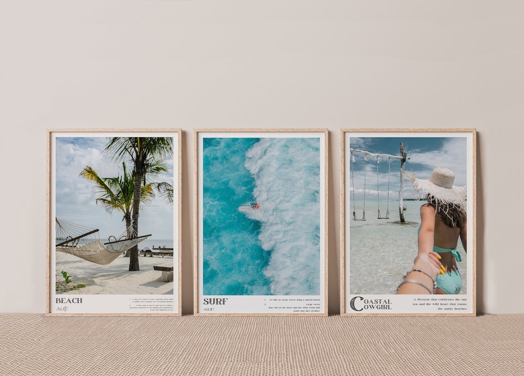 Blue Coastal Beach Surf Summer Wall Art Set of 3, Coastal Cowgirl ...