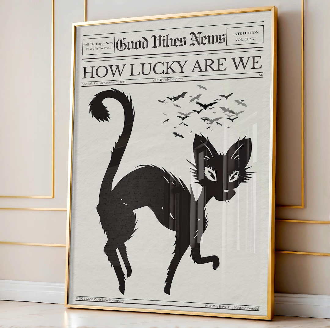 Gothic Black Cat Print: Retro Newspaper Wall Art, Halloween Decor ...