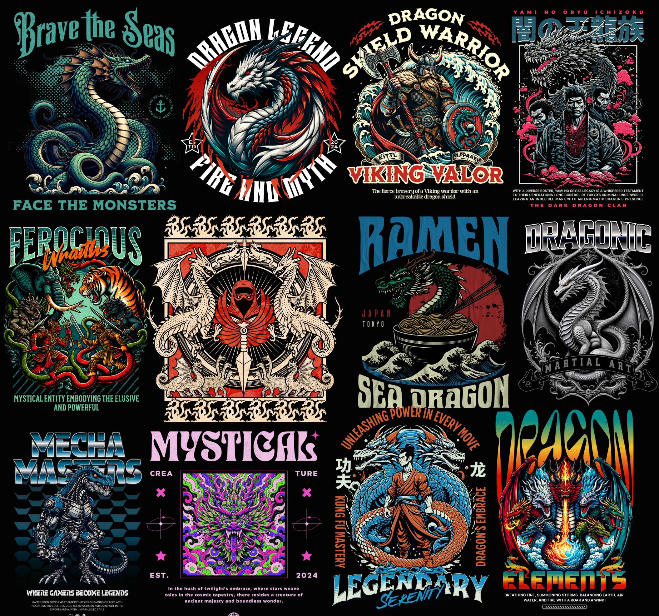 Dragons & Samurai T-shirt Design Bundle: Streetwear, Urban, and Graphic ...