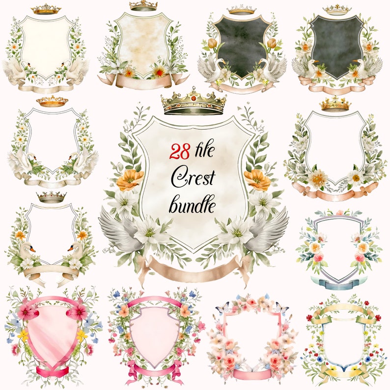 Romantic Fairytale Watercolor Crest Clipart PNG for Wedding Invites - Etsy