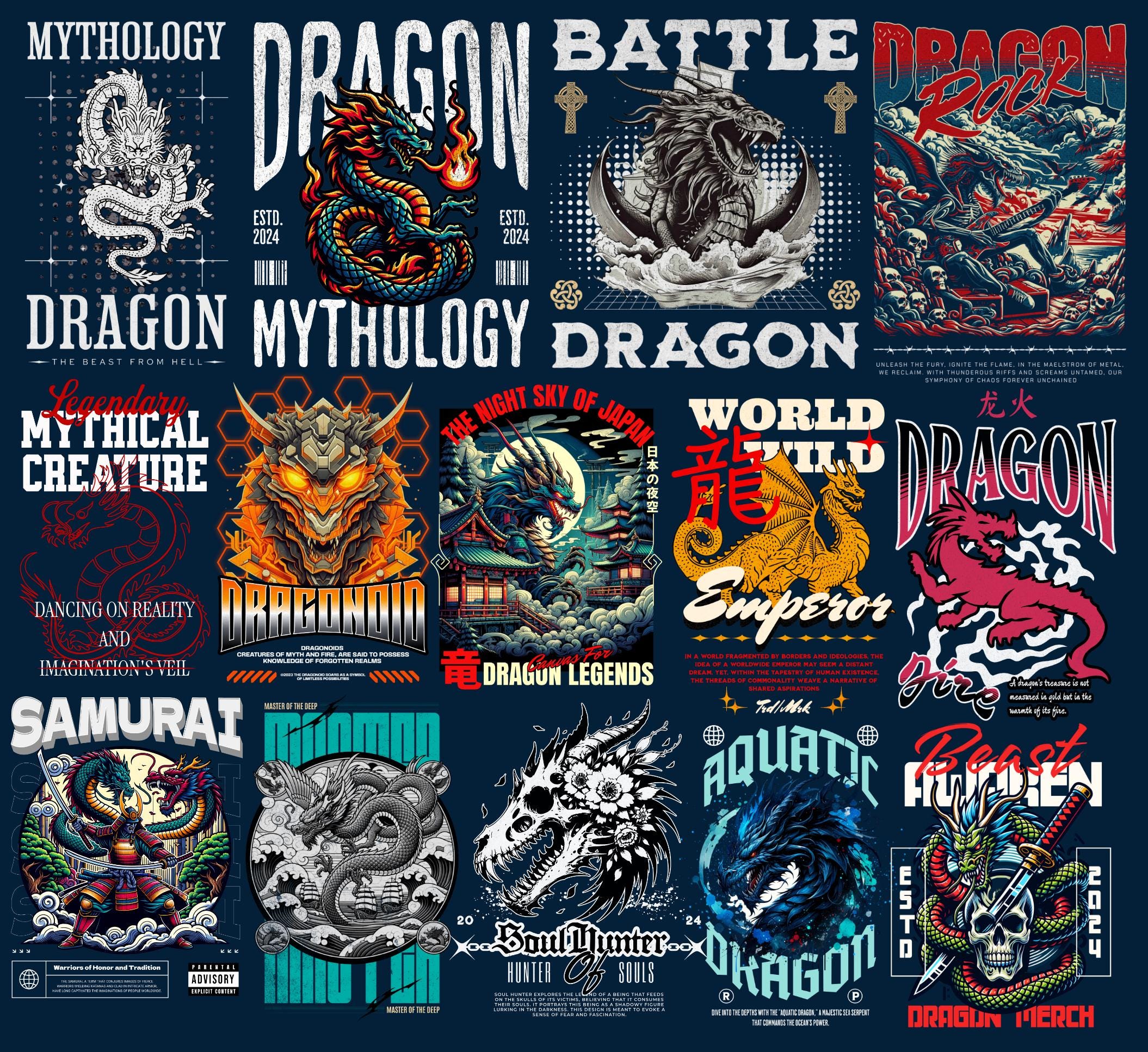 Dragons & Samurai T-shirt Design Bundle: Streetwear, Urban, and Graphic ...