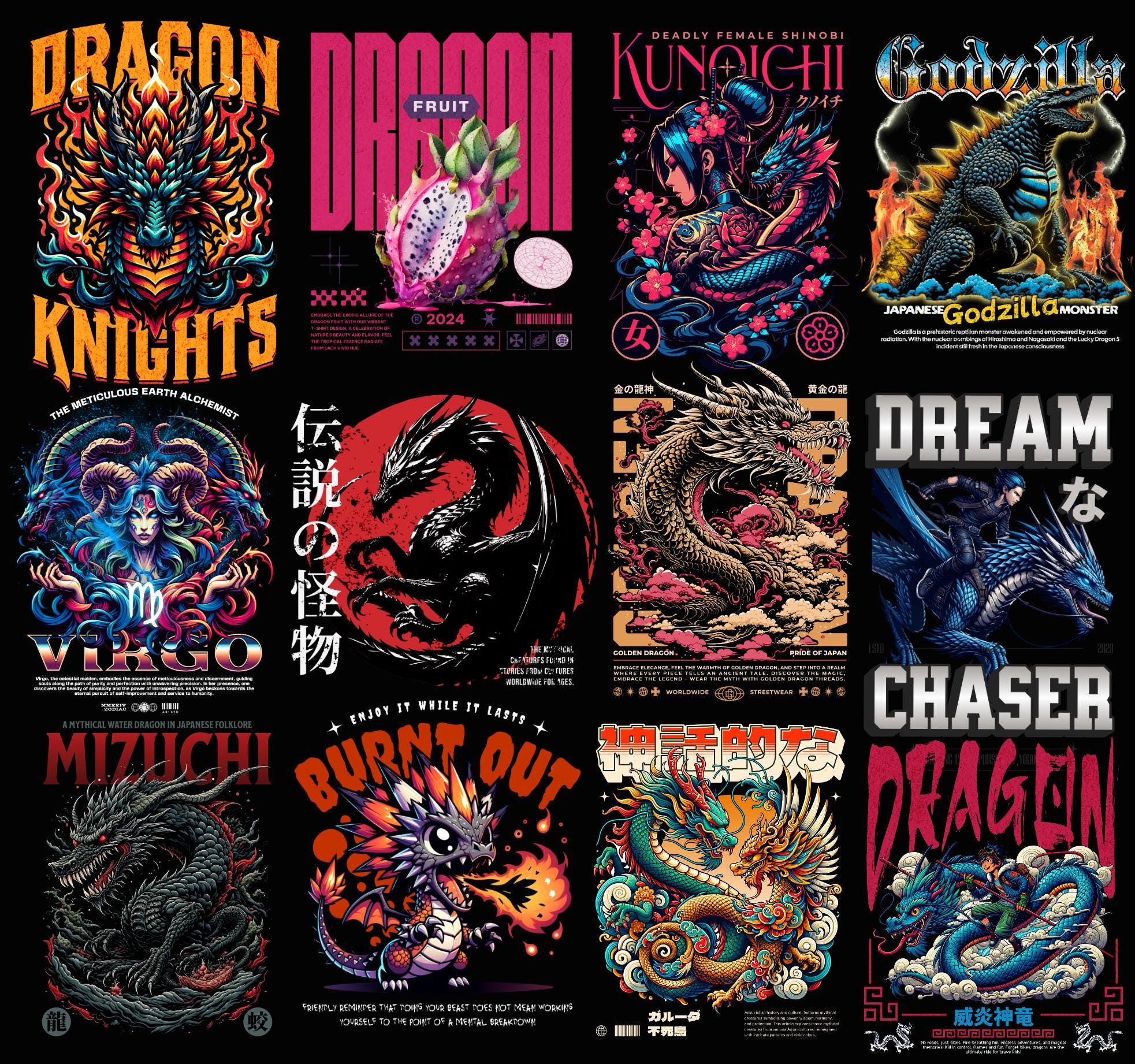 Dragons & Samurai T-shirt Design Bundle: Streetwear, Urban, and Graphic ...