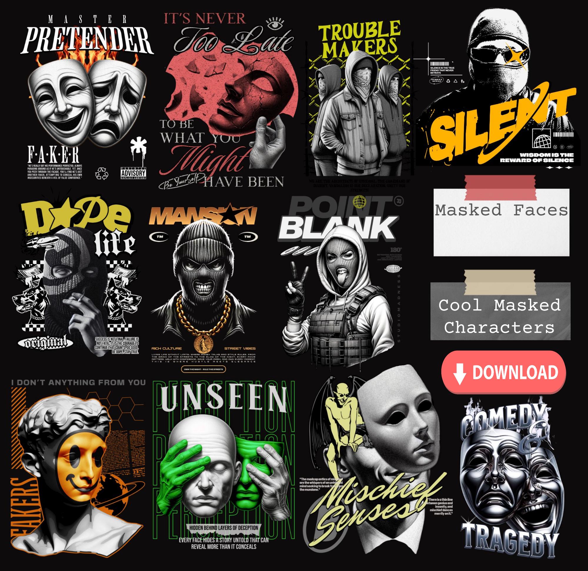 Masked Streetwear: Rebel Faces PNG Pack,urban Masked Design Pack ...