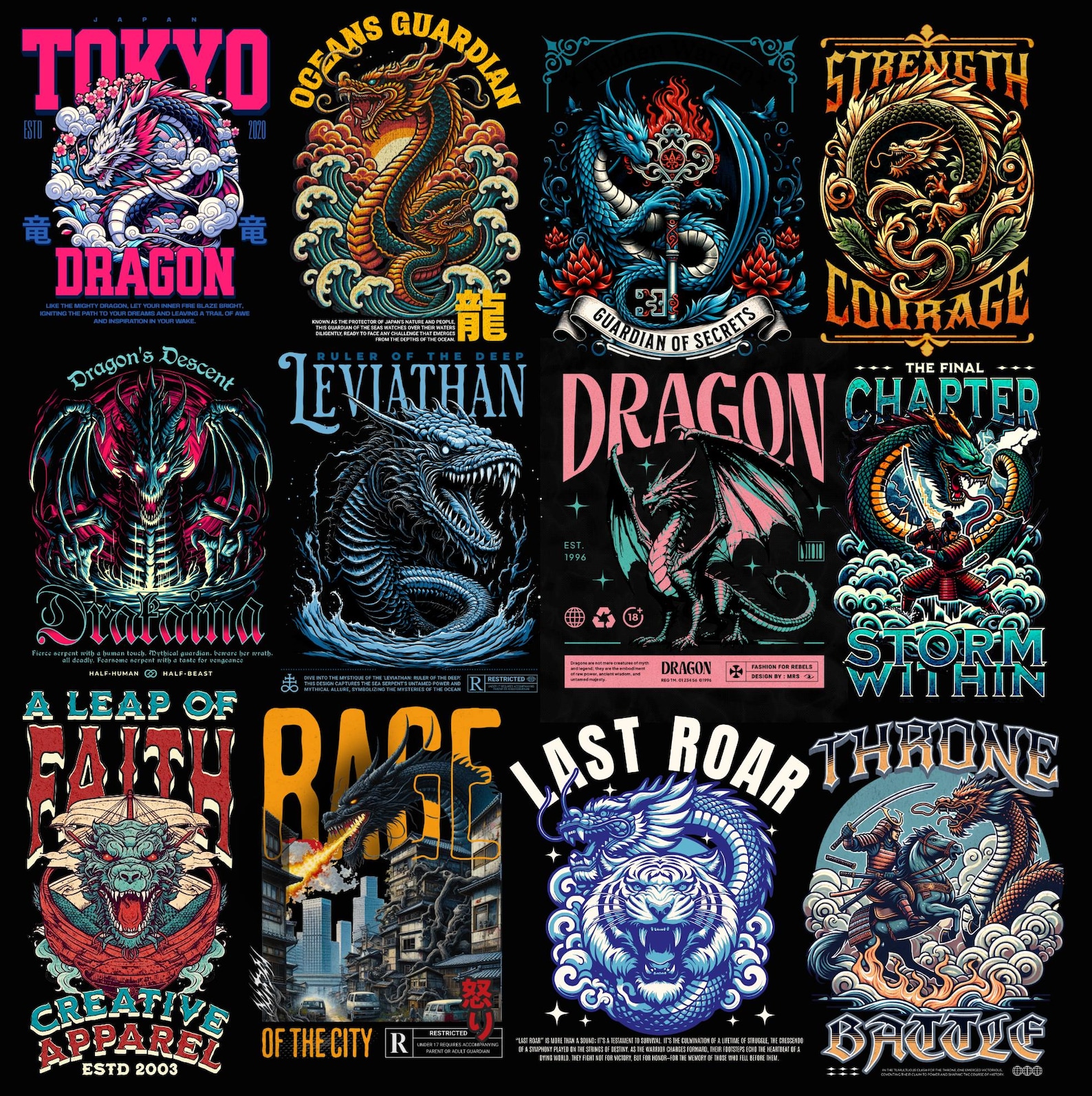 Dragons & Samurai T-shirt Design Bundle: Streetwear, Urban, and Graphic ...