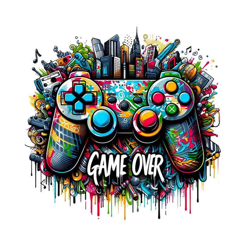 Graffiti-style Game Over PNG With Gaming Controller Sublimation Design ...