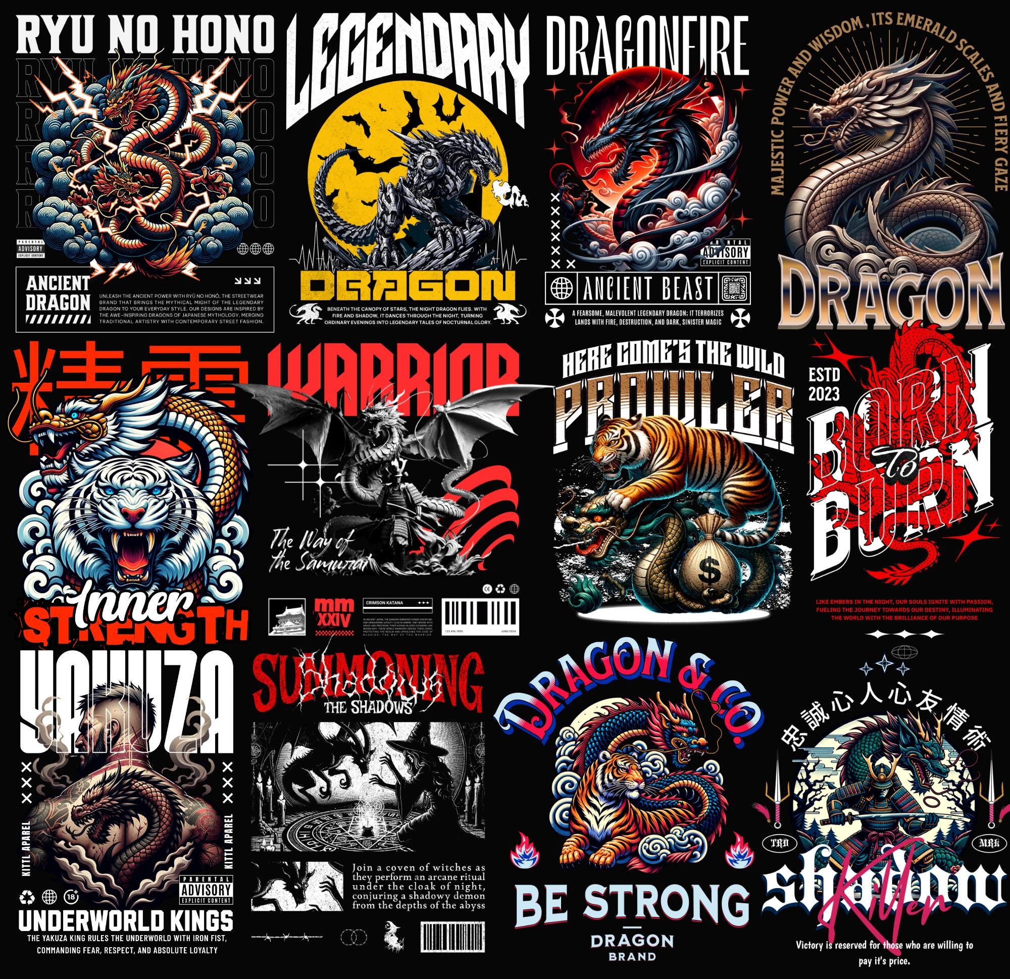 Dragons & Samurai T-shirt Design Bundle: Streetwear, Urban, and Graphic ...