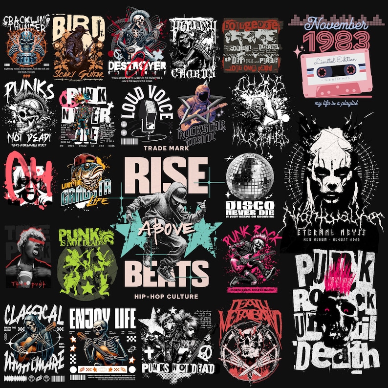Streetwear Music T-shirt Designs Bundle, Rock & Hip Hop (PNG Digital ...