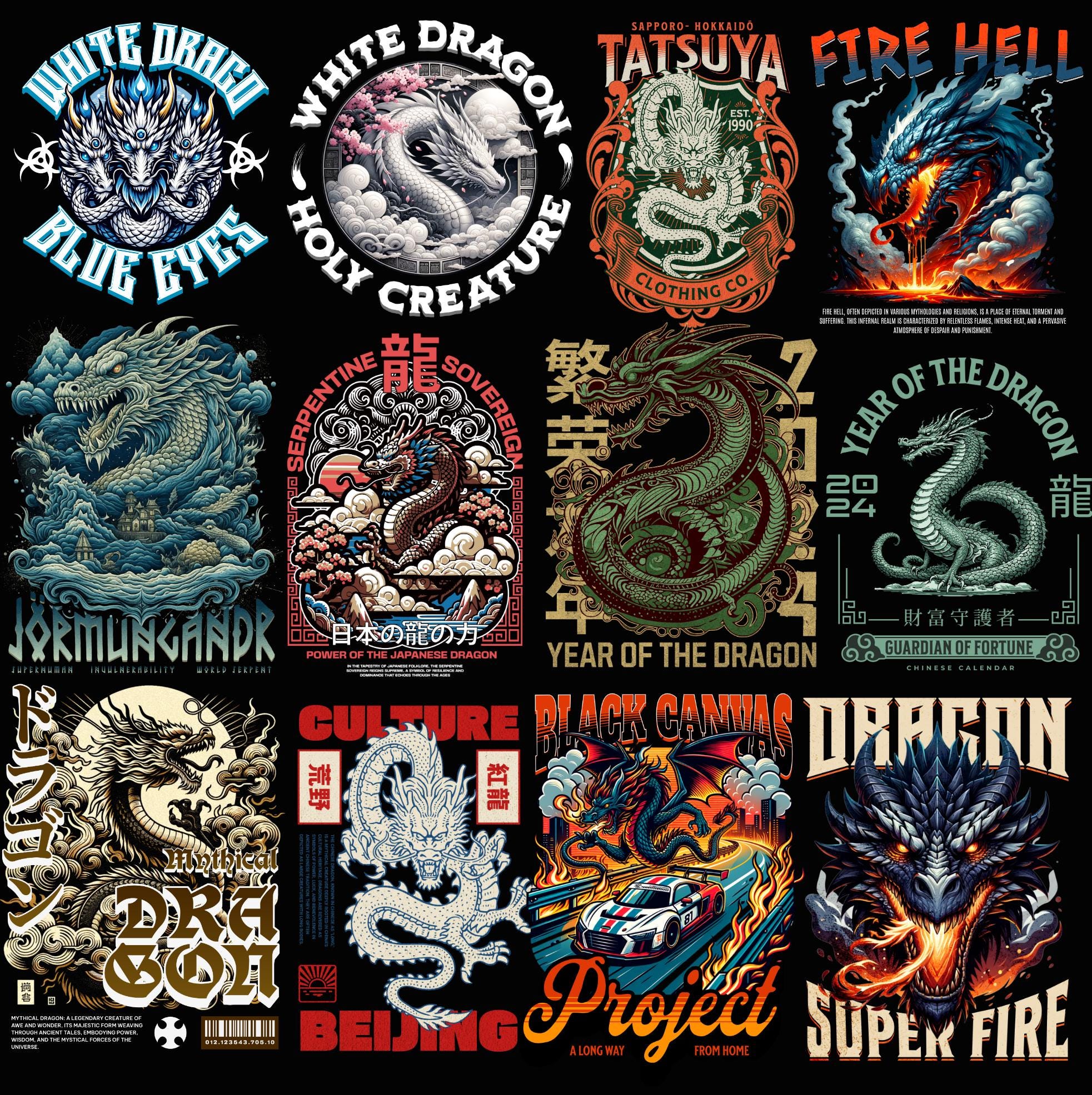Dragons & Samurai T-shirt Design Bundle: Streetwear, Urban, and Graphic ...