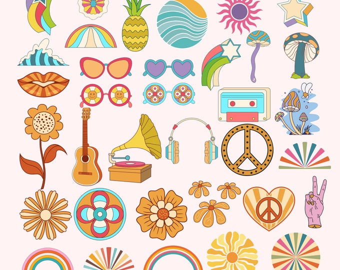 Hippie SVG Bundle, Hippie Flower SVG, Groovy Clipart Bundle, Retro ...
