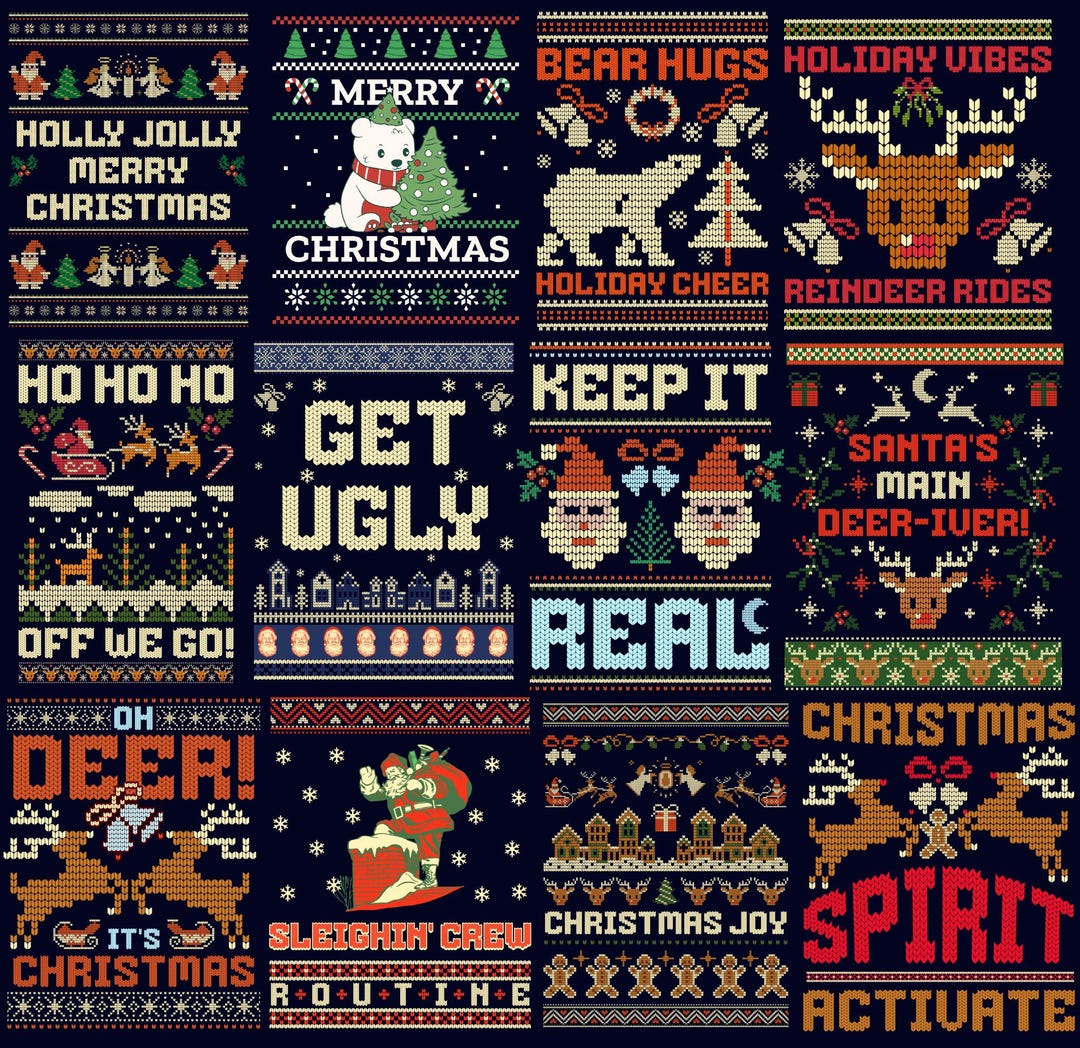 Ugly Christmas Sweaters PNG Bundle | 60+ Retro Designs, Holiday Clipart ...