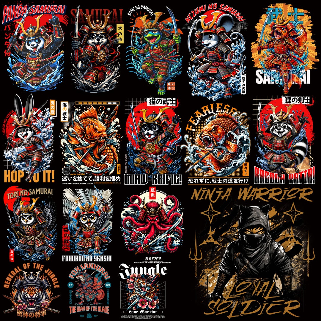 Samurai Animal T-shirt Design Bundle: Samurai PNG, Animal PNG, Samurai ...